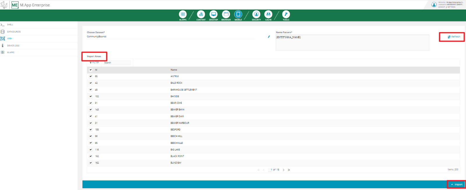 M.App Enterprise Mobile: How to Import Areas